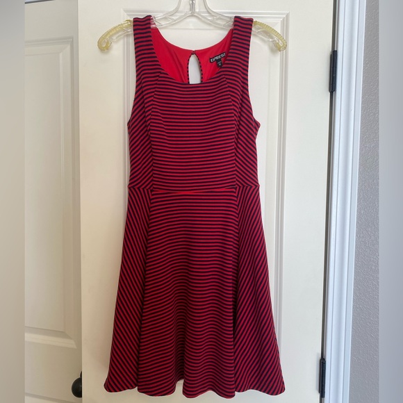 Express | Dresses | Express Fit And Flare Navy Red Striped Mini Dress ...